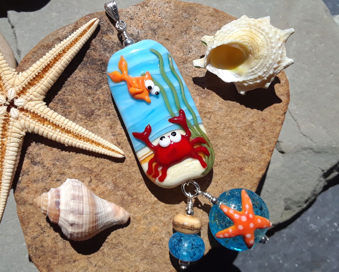 Cute Underwater Encounter Lampwork Pendant Handmade Glass Crab Necklace Fish Lampwork Funny ...