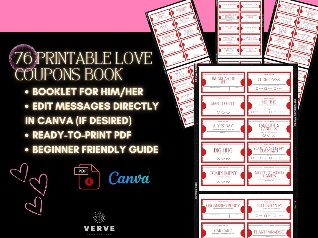 76 Printable Love Coupons Book Customizable Valentine's Day Gift ...