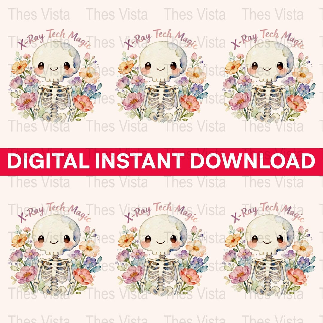 X Ray Tech Magic Digital Image: Cute Skeleton Floral Watercolor ...
