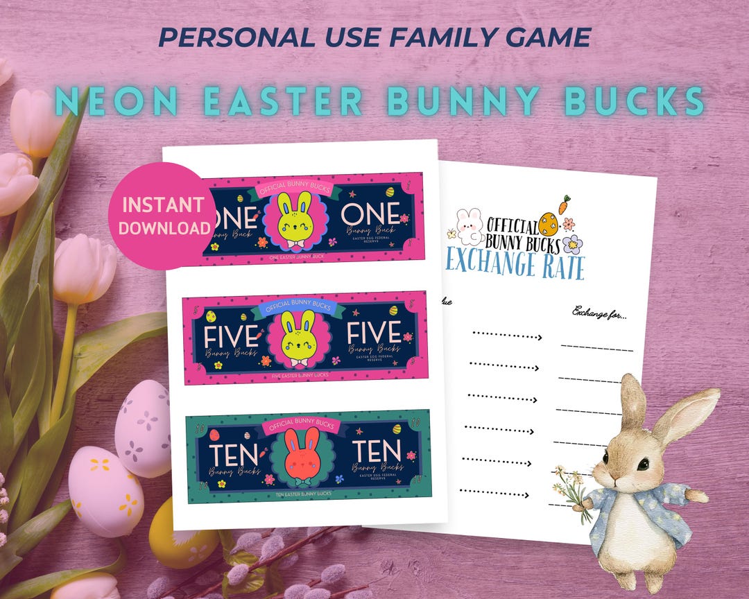 Neon Bunny Bucks Printable Easter Play Money | Kids Reward Coupons ...