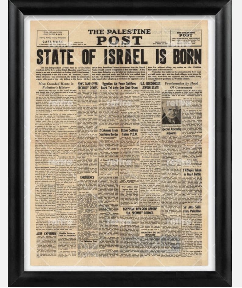 1948 Jerusalem Post "palestine" the State of Israel is Born Rare Framed ...