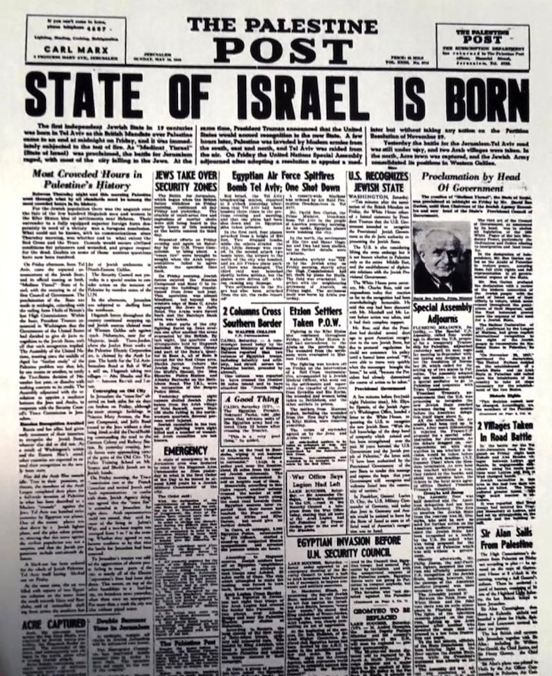 1948 Palestine Post Newspaper "the State of Israel is Born!" 11"x14 ...