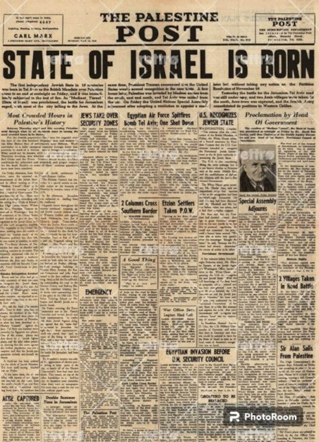 1948 Jerusalem Post "palestine" the State of Israel is Born Rare Framed ...