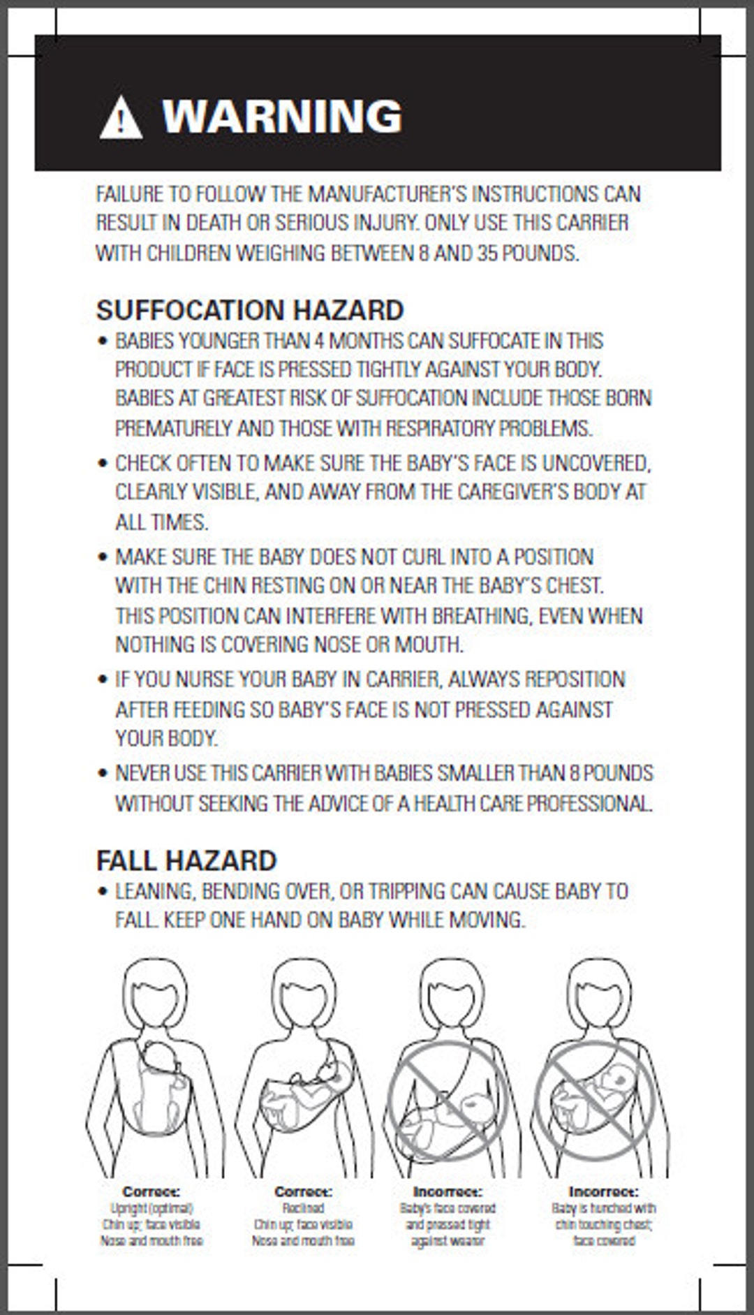 50 4" X 7" ASTM Sling Warning Labels- Soft Infant Carrier Labels- Fall ...