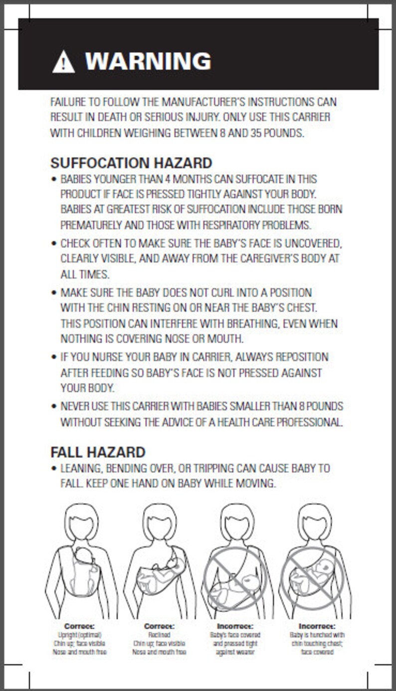 100 4" X 7" ASTM Sling Warning Labels- Soft Infant Carrier Labels- Fall ...