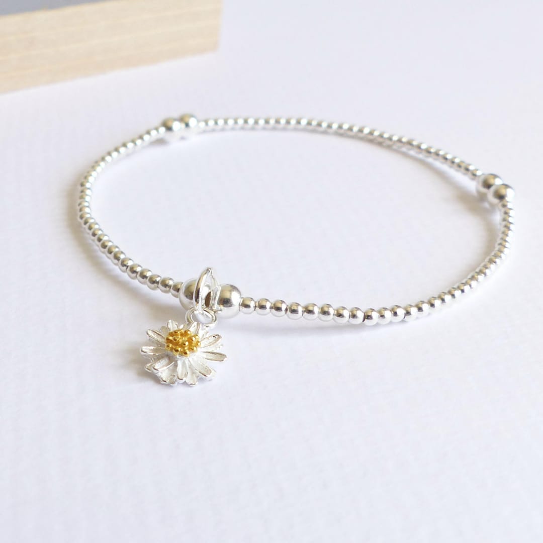 Sterling Silver Daisy Charm Bracelet – Beaded Stacking Jewelry - Etsy