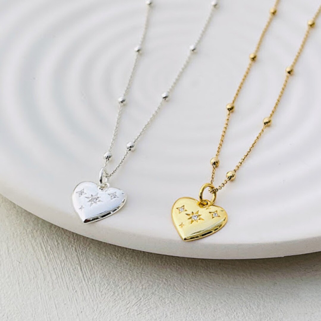 Lyra Heart and CZ Star Necklace - Silver Heart Necklace, Bridesmaid ...