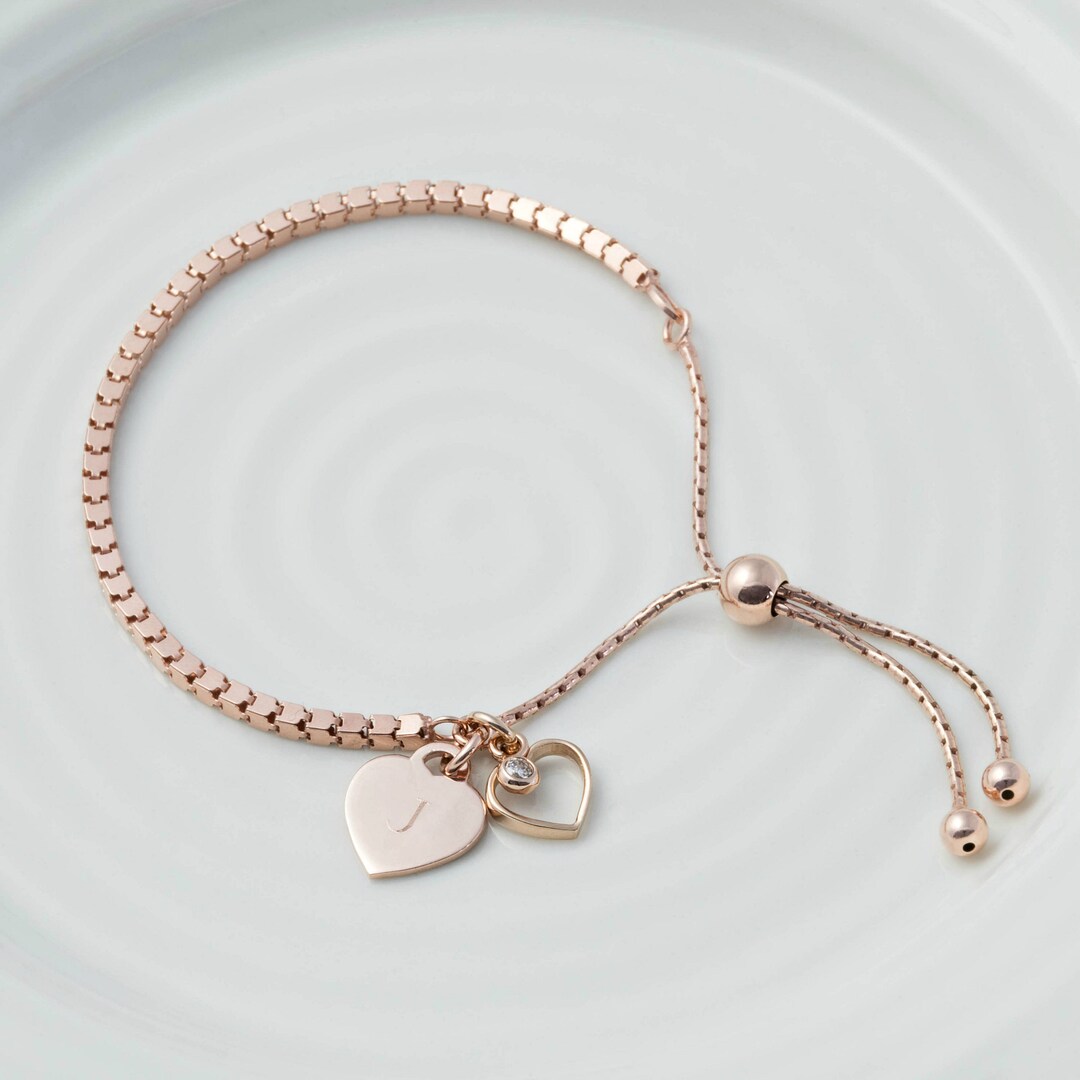 Personalized Rose Gold Cube Link Slider Bracelet - Rose Gold Heart ...