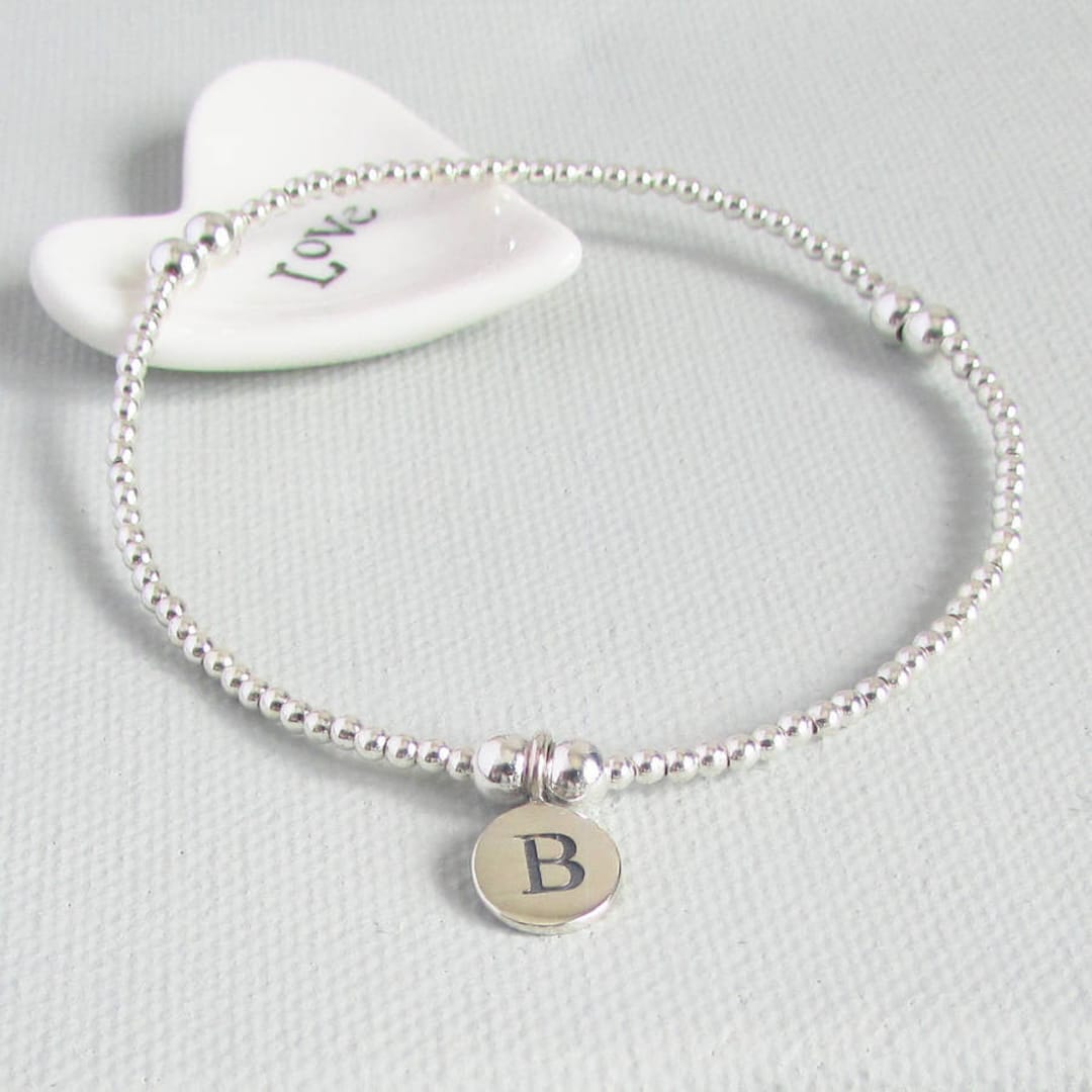 Personalized Sterling Silver Initial Charm Beaded Bracelet - Bridesmaid ...