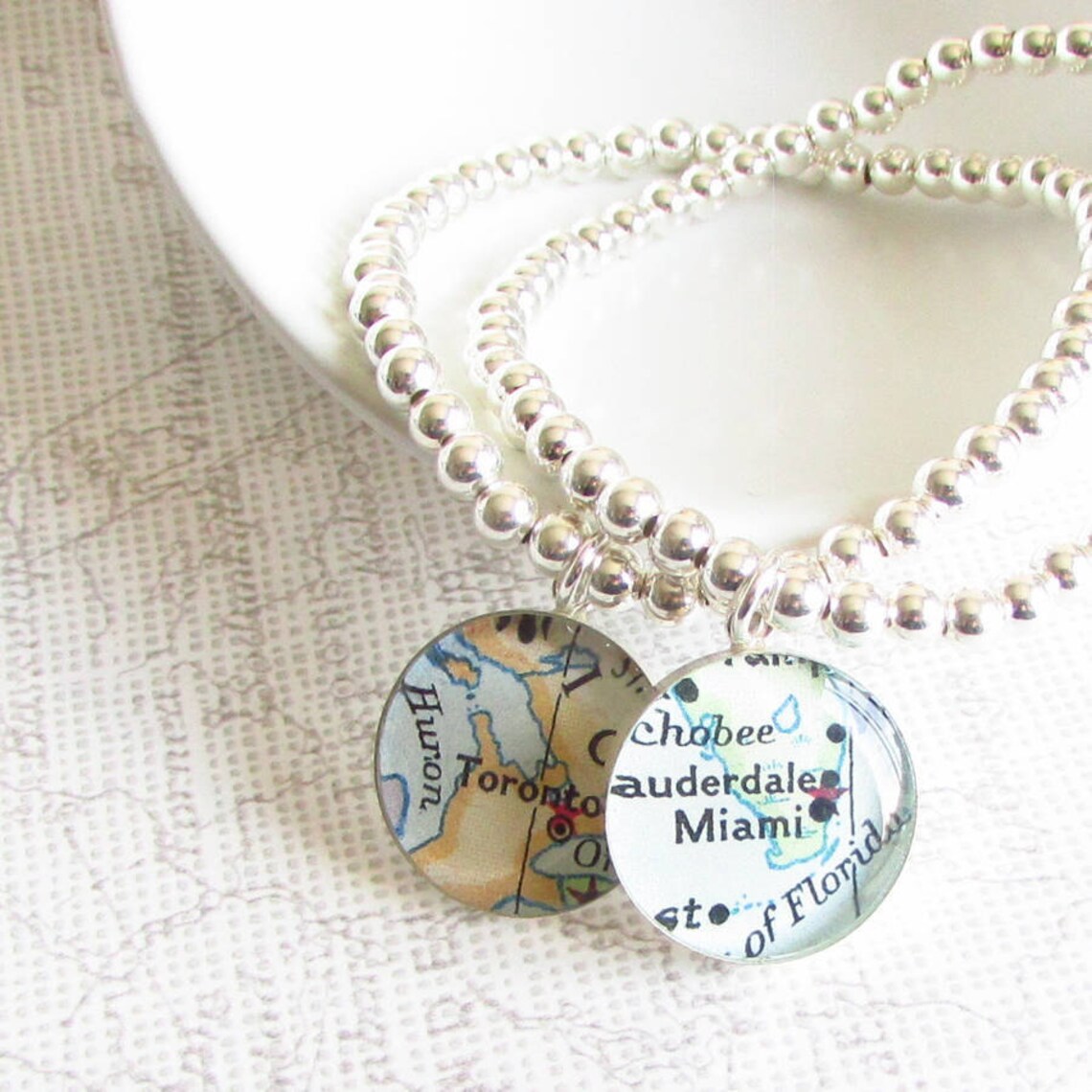 Personalized Sterling Silver Map Charm Beaded Bracelet - Etsy