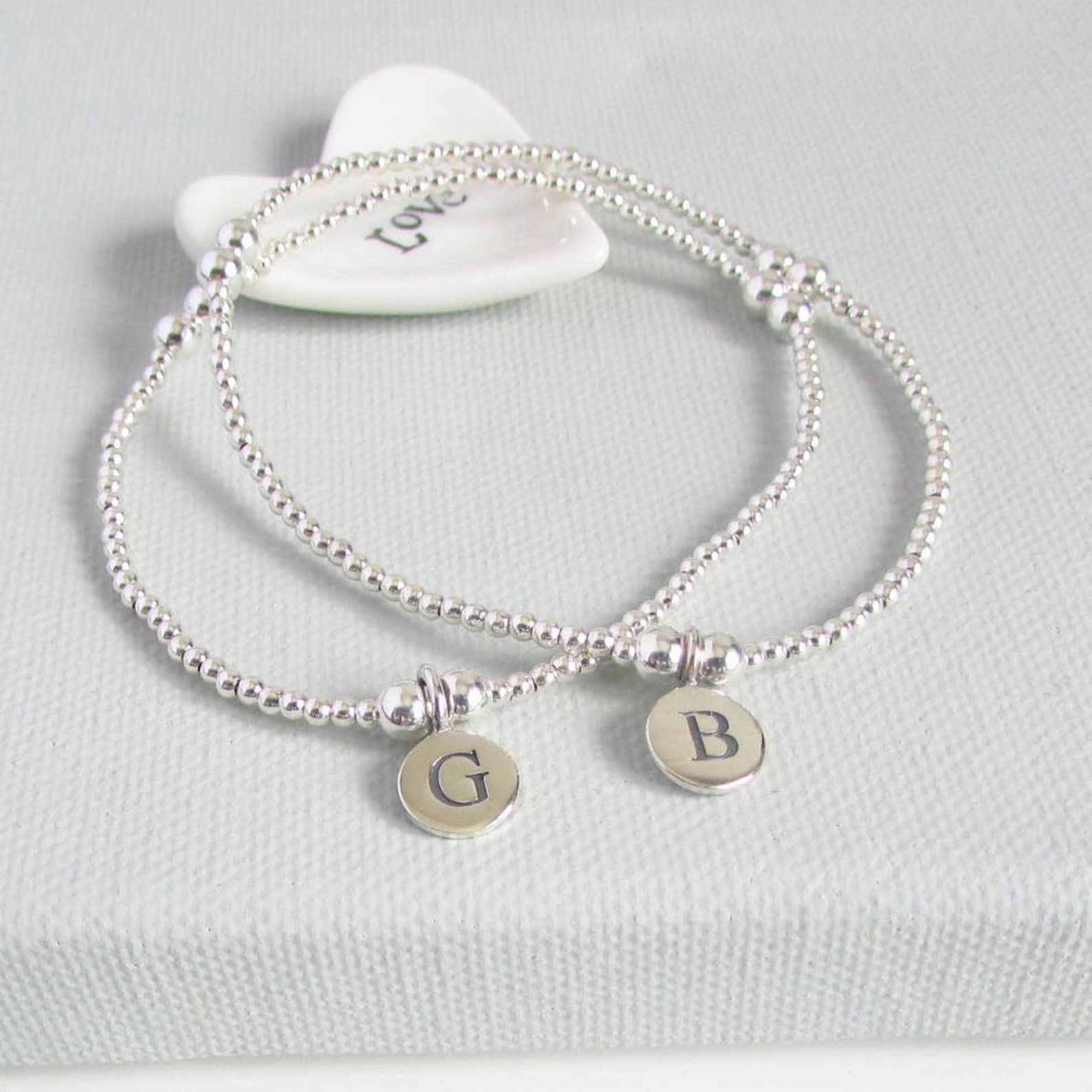 Personalized Sterling Silver Initial Charm Beaded Bracelet | Etsy