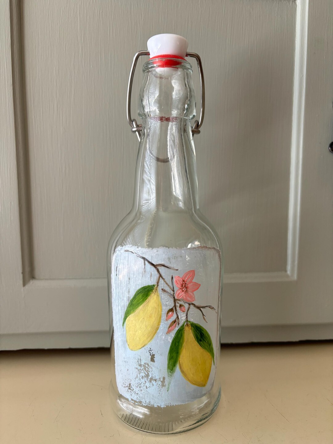Lemon/limoncello Bottle. Hand Painted. Original. Distressed Pale Blue ...