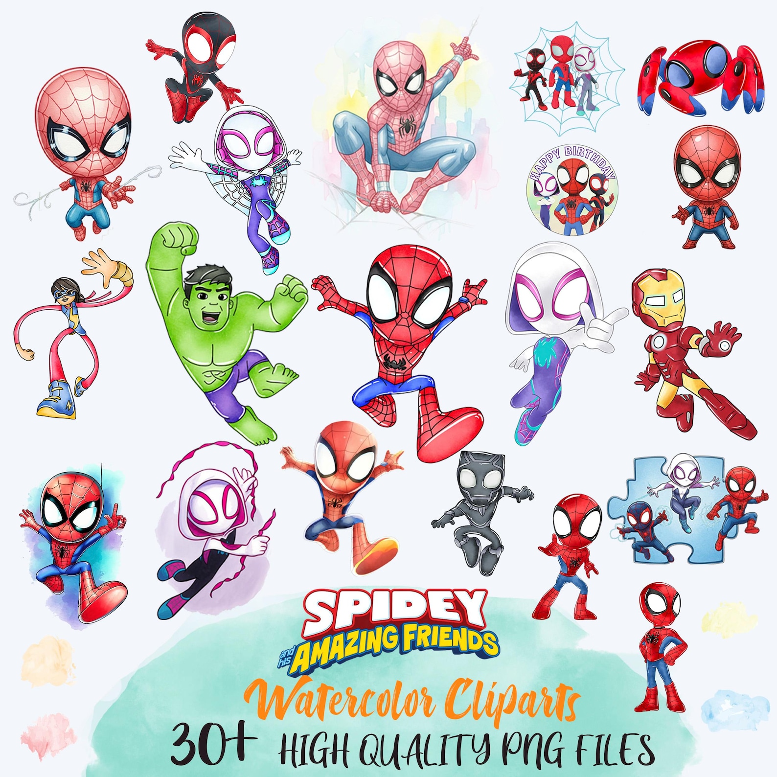 Spidey and His Amazing Friends Watercolor Png Clipart Bundle, Water ...