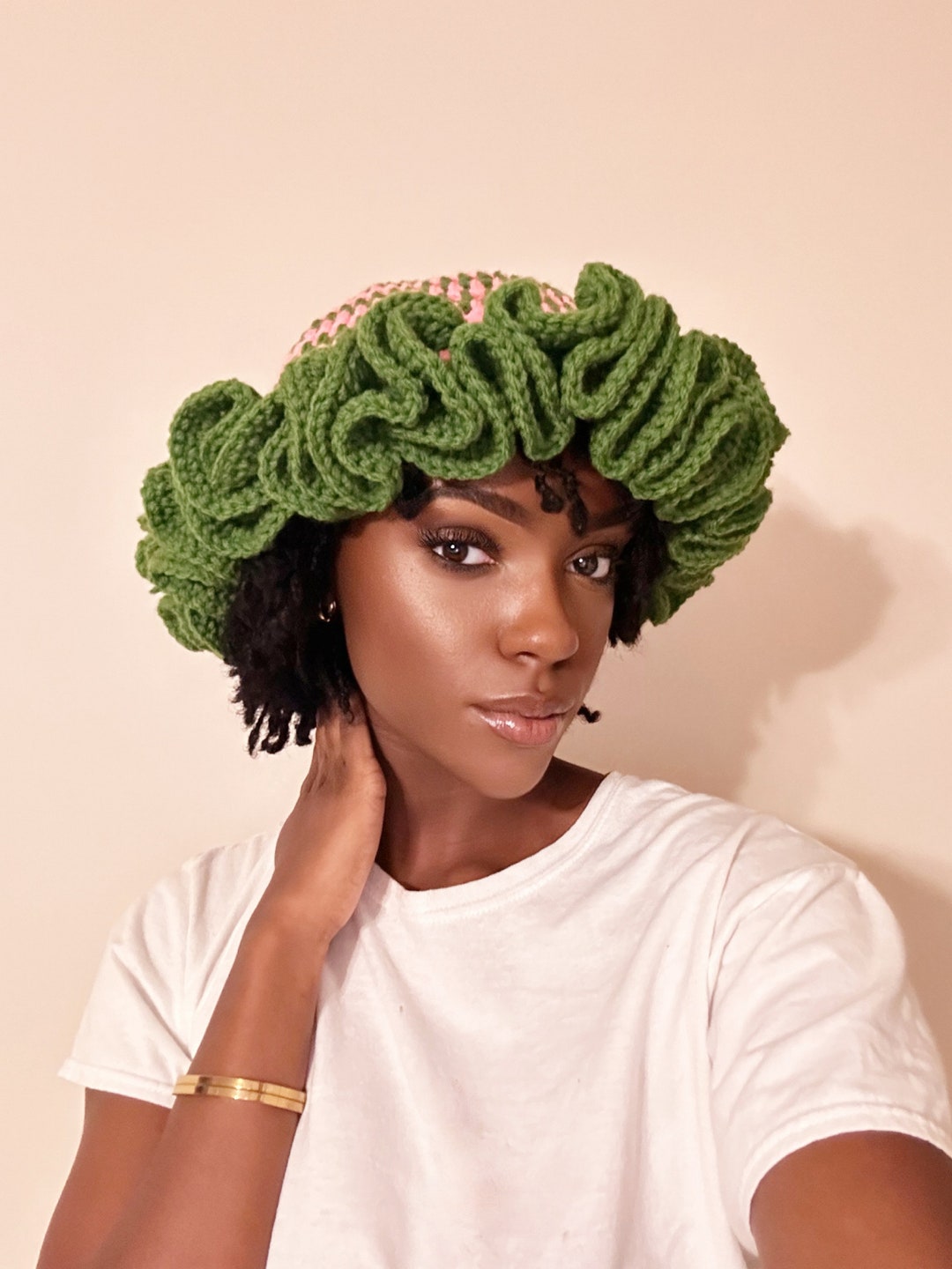 Crochet Ruffle Hat, Ruffle Crochet Hat, AKA, Pink and Green, Colorful ...