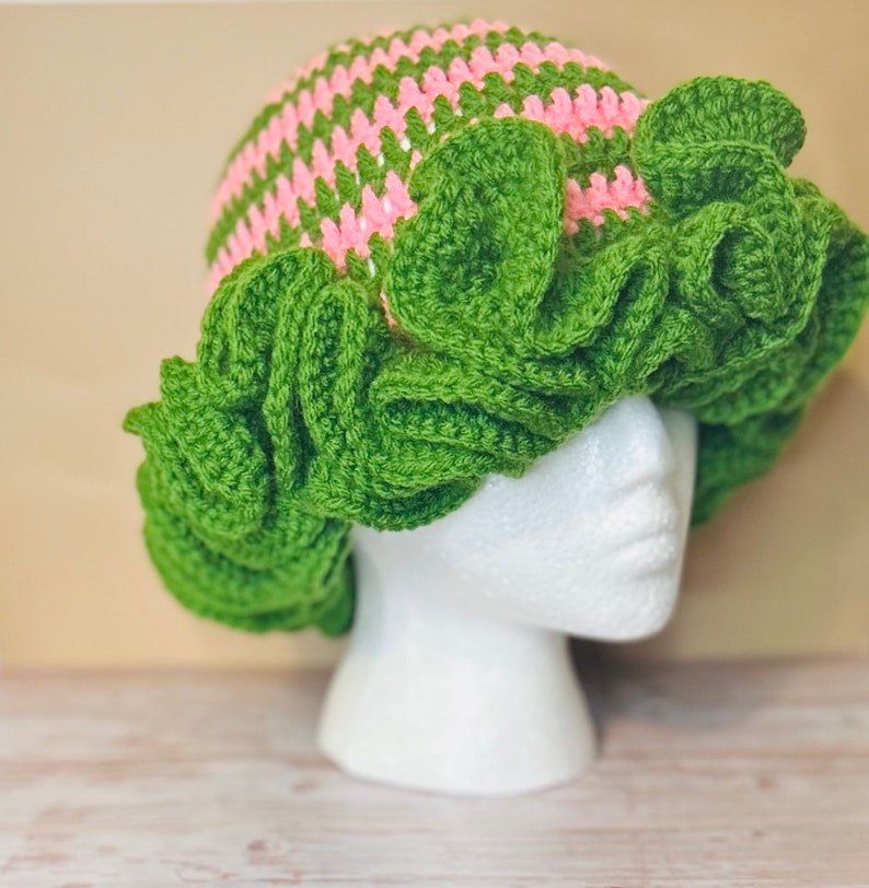 Crochet Ruffle Hat, Ruffle Crochet Hat, AKA, Pink and Green, Colorful ...