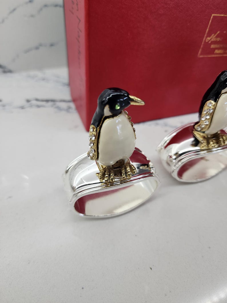 5 Hans Turnwald Bejeweled Penguin Silver-plate Enameled Napkin Rings ...
