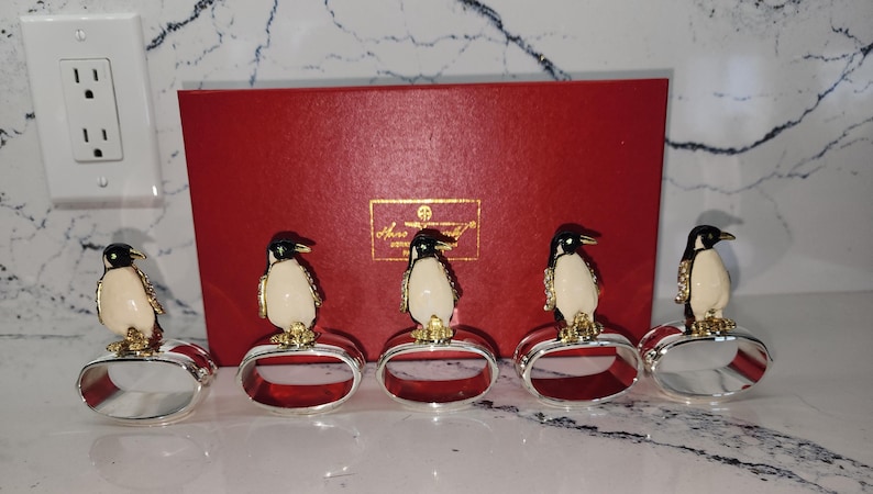 5 Hans Turnwald Bejeweled Penguin Silver-plate Enameled Napkin Rings ...