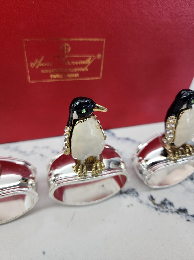 5 Hans Turnwald Bejeweled Penguin Silver-plate Enameled Napkin Rings ...