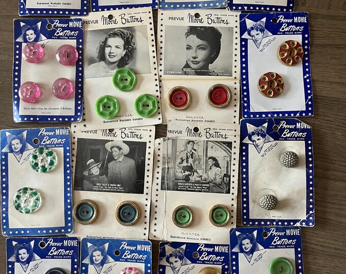 16 Full Cards of Prevue Movie Buttons, 1940's Fancy Plastic Buttons ...