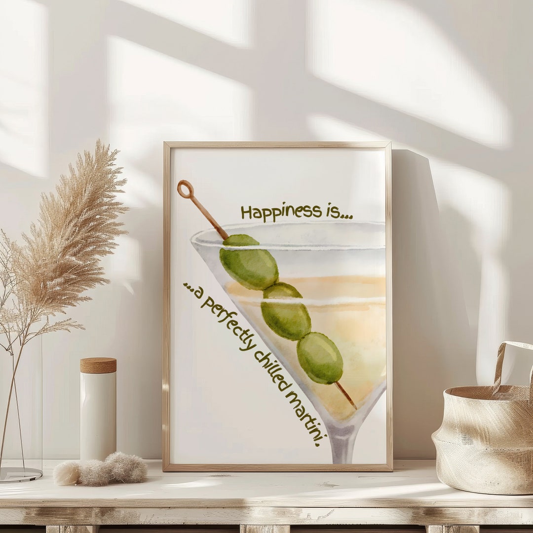 Happiness is Martini Wall Art Therapy Print Vintage Bar Cart Retro Wall ...