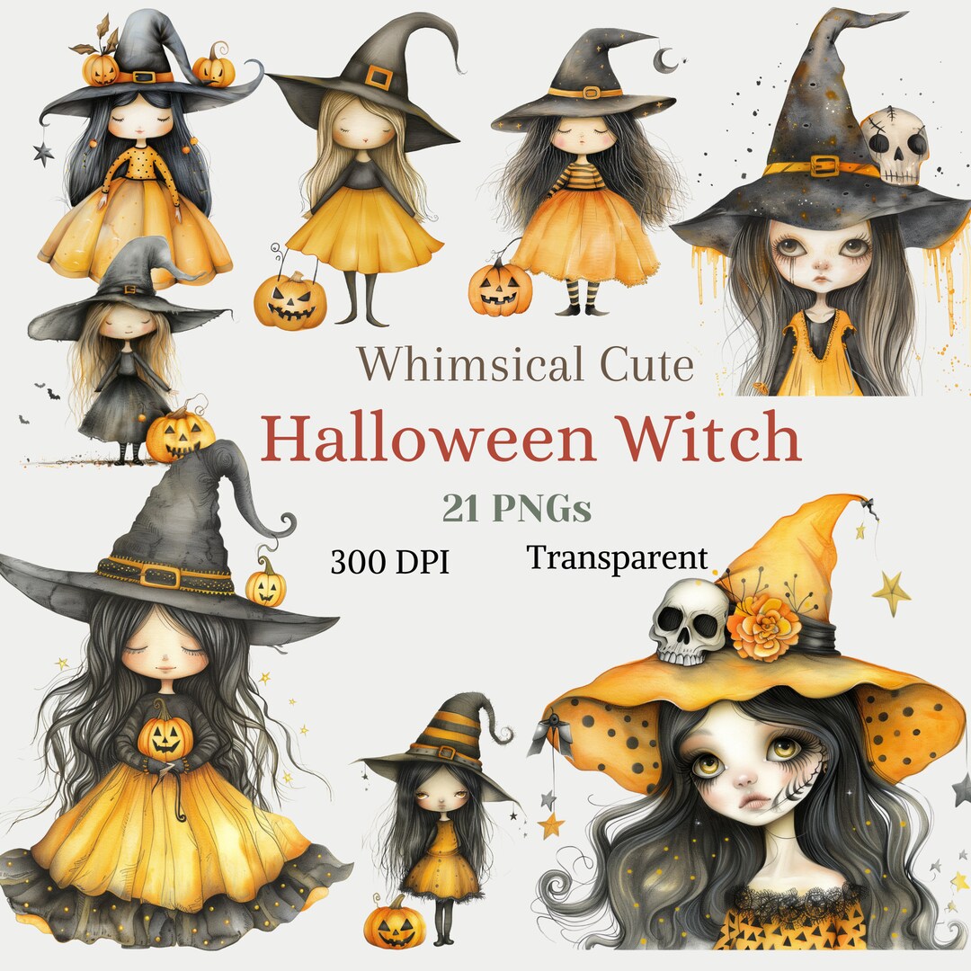 Whimsical Halloween Witch Clipart Watercolor Transparent PNG Cute ...