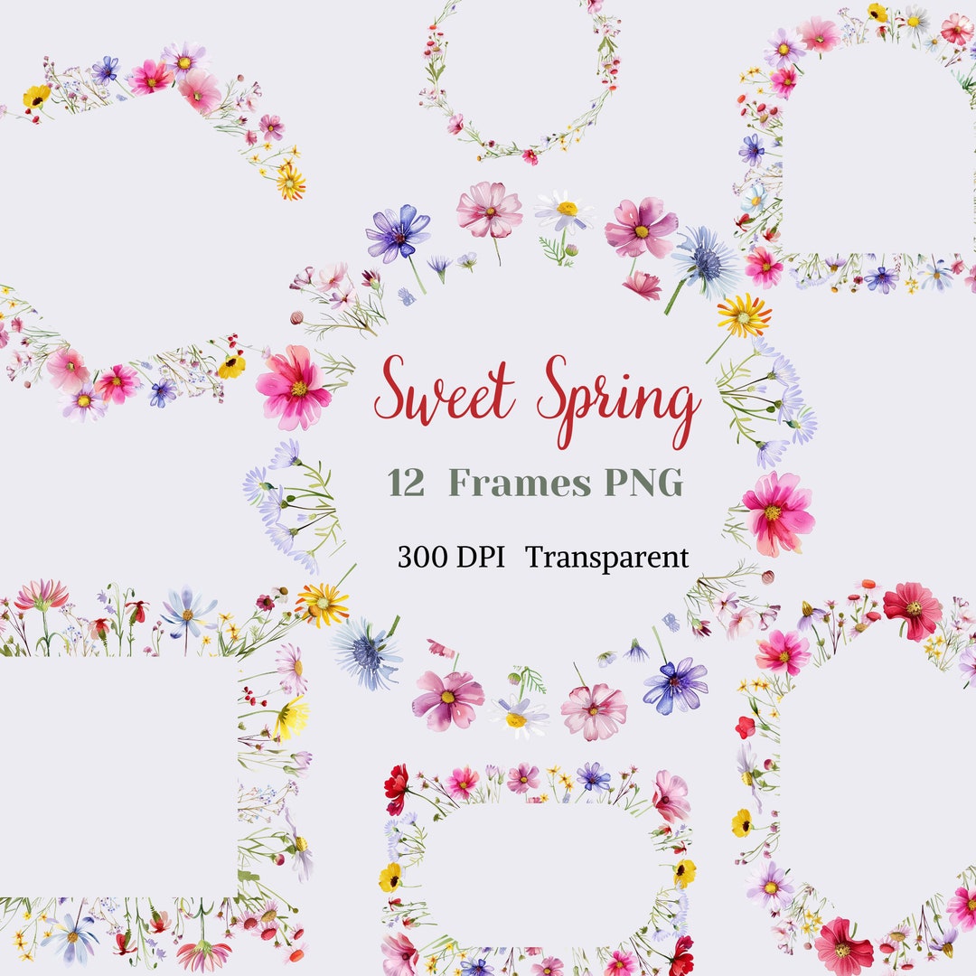Sweet Spring Wild Flower Frames Clipart Watercolor Floral Wreath ...