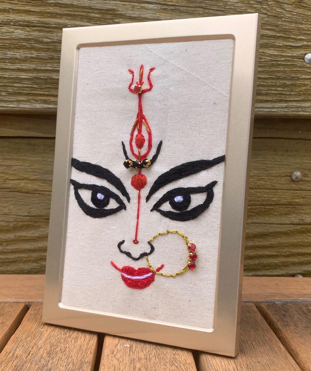 Hand Embroidered Durga Face With Bead Details on Linen in a Gold 4x6 ...