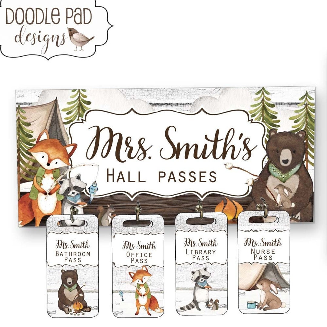 Woodland Hall Pass Hanger, Personalized Woodland Hall Passes, Camping ...