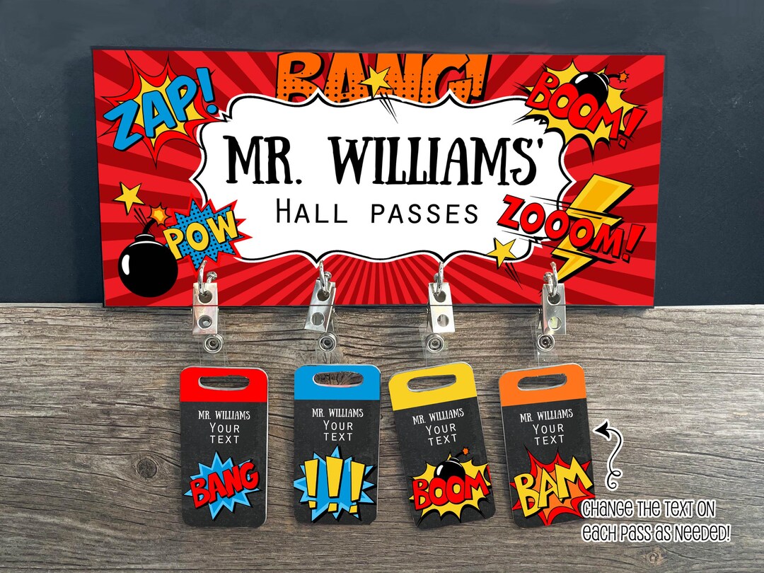 Personalized Classroom Hall Pass Hanger, Super Hero Hall Passes, Teacher Gift, Classroom ...