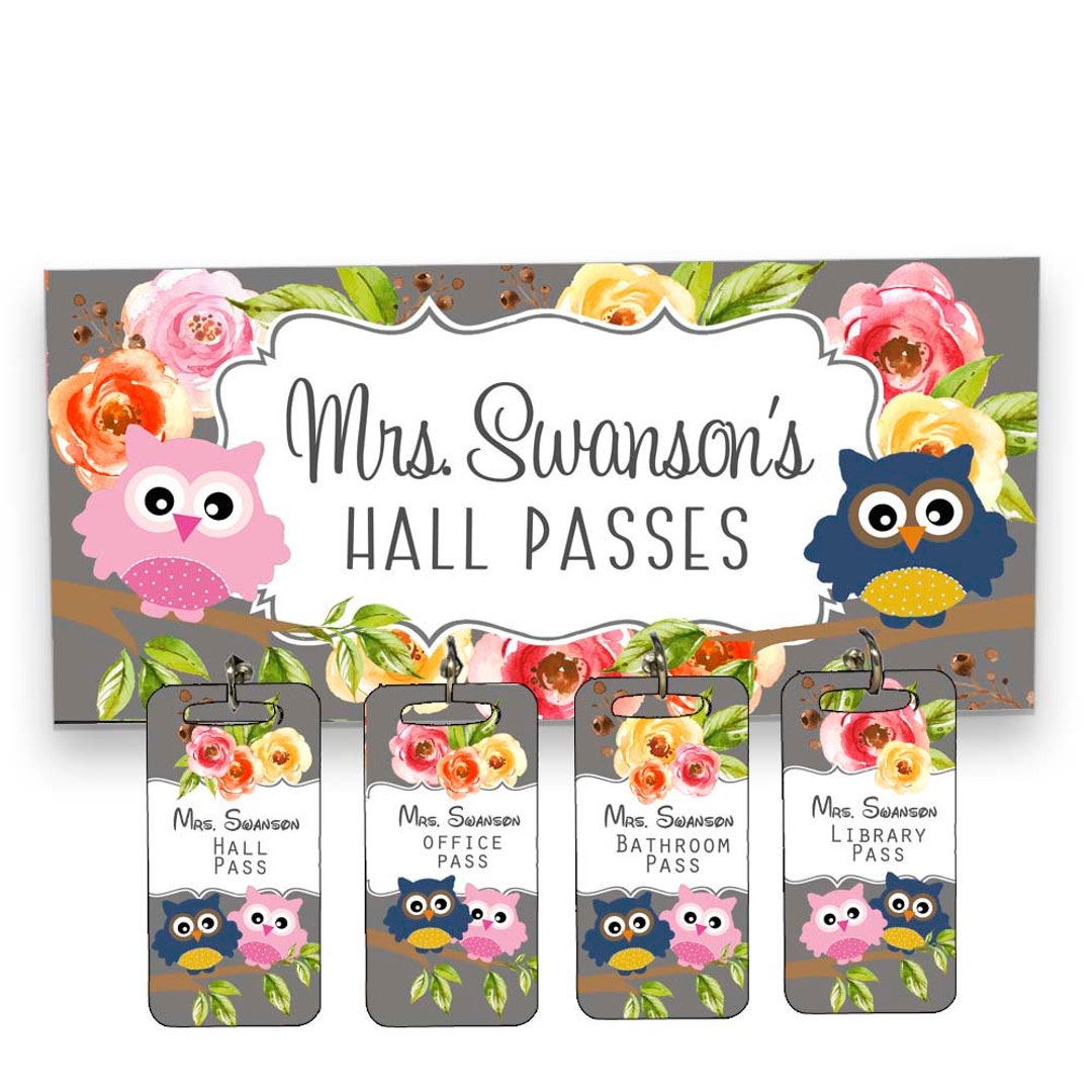Owl Hall Pass Hanger and Passes, Watercolor Flowers Classroom Decor - Etsy