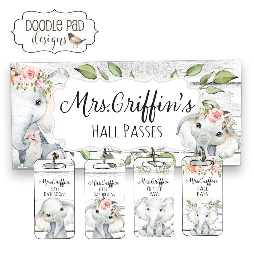 Personalized Boho Elephants Classroom Decor, Hall Passes Sign, Teacher ...