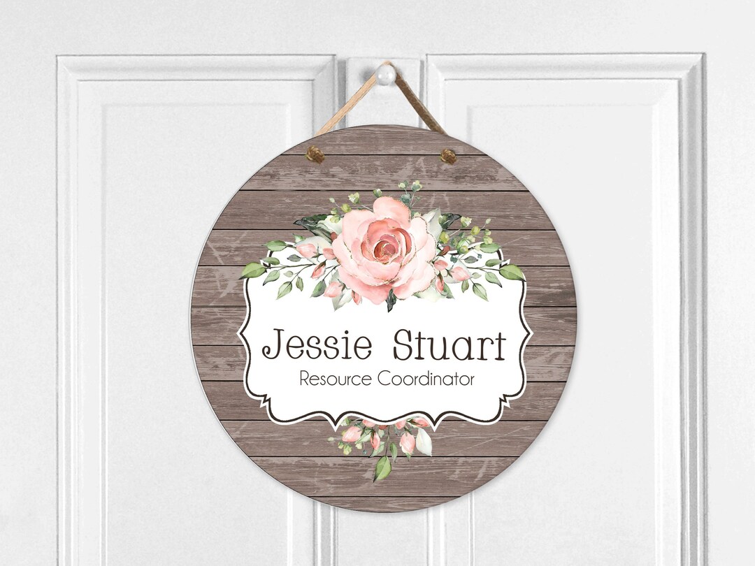 Office Door Sign, Round Door Sign Personalized, Blush Pink Roses Door ...