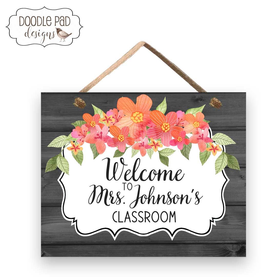 Coral Flowers Classroom Door Sign Personalized Teacher Gift End of ...