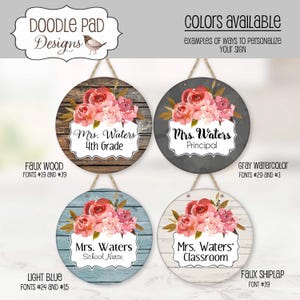 Round Watercolor Roses Classroom Door Sign, Teacher Name Door Sign, 12 ...