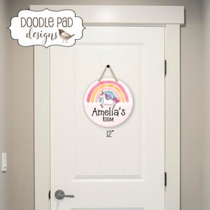 Round Girls Door Sign Personalized, Rainbow Unicorn Room Decor, 12 ...