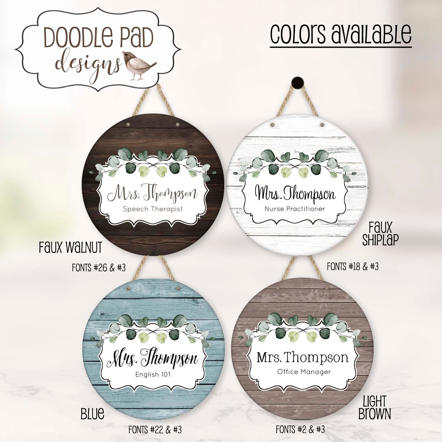 Round Door Sign Personalized, Eucalyptus Faux Wood Door Sign, 12 ...