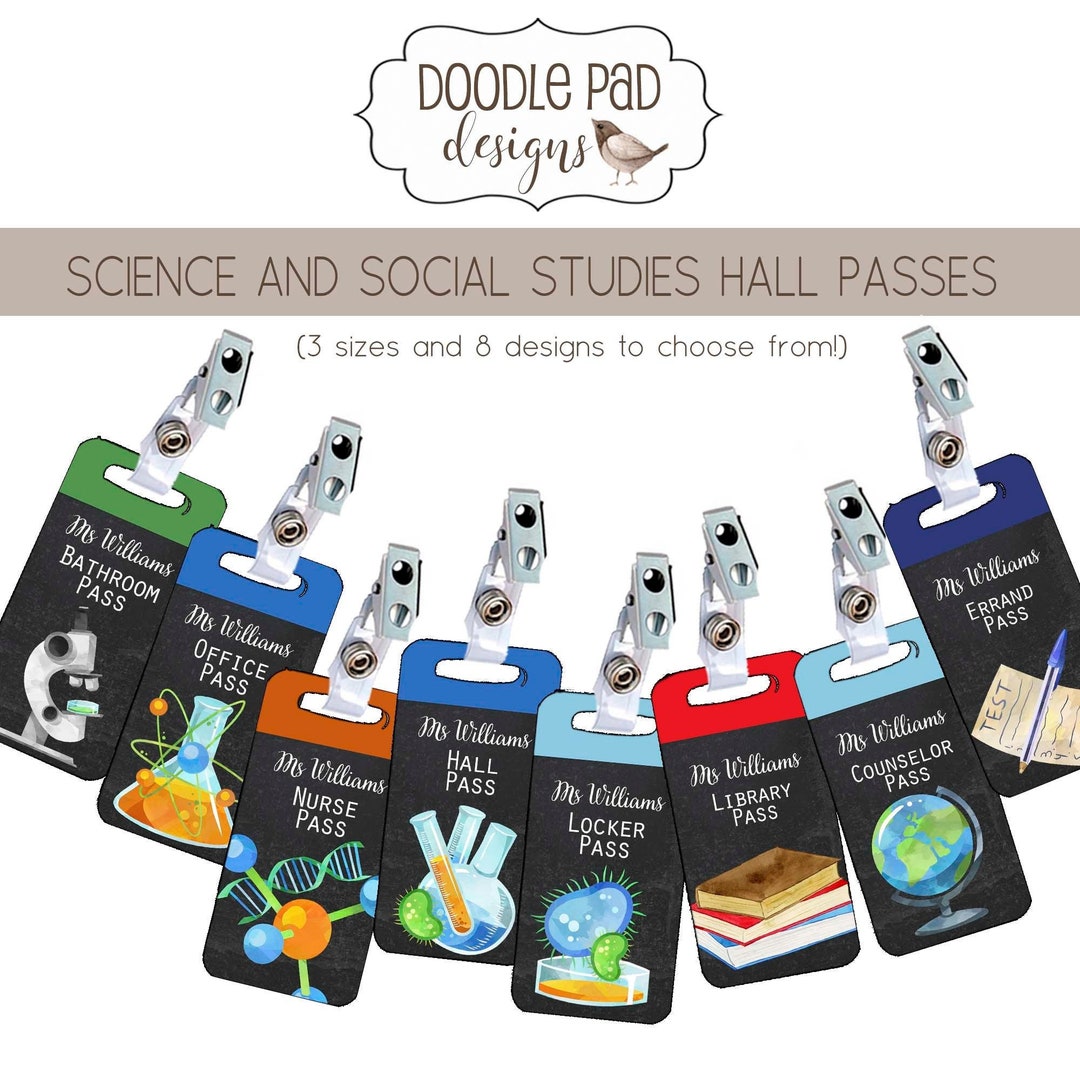 Hall Passes Science and Social Studies Hall Pass Personalized School ...