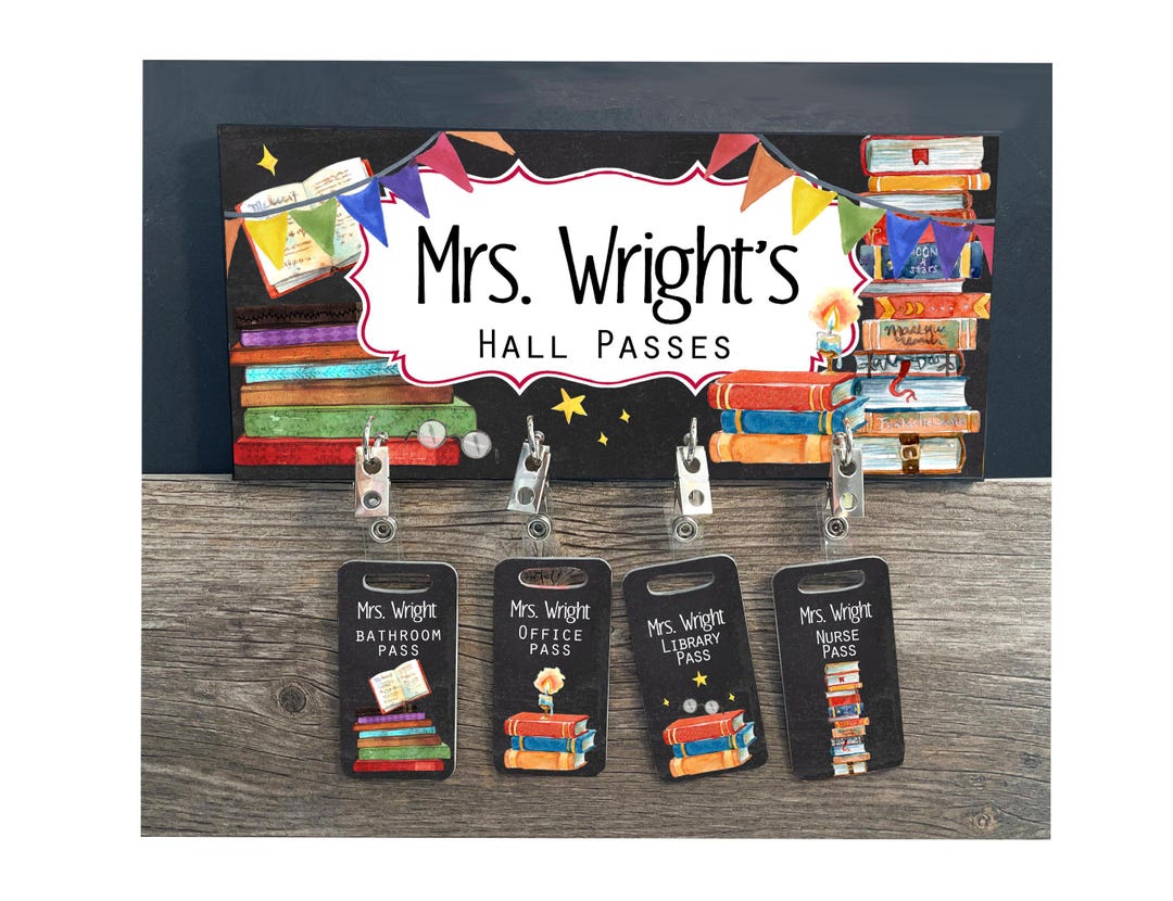 Personalized Teacher Hall Pass Hanger: Book Theme Library Decor - Etsy
