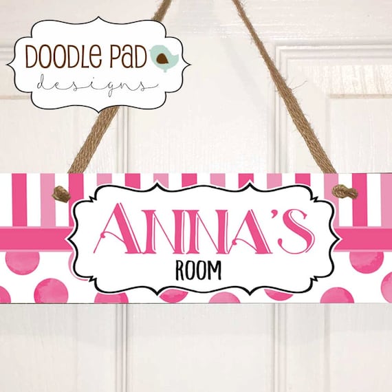 Girls Room Sign Personalized Door Sign Pink Dots and Stripes | Etsy