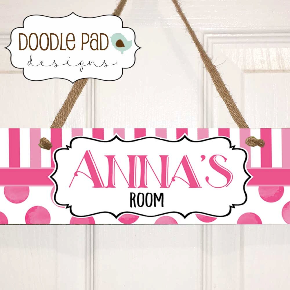 Girls Room Sign Personalized Door Sign Pink Dots and Stripes | Etsy