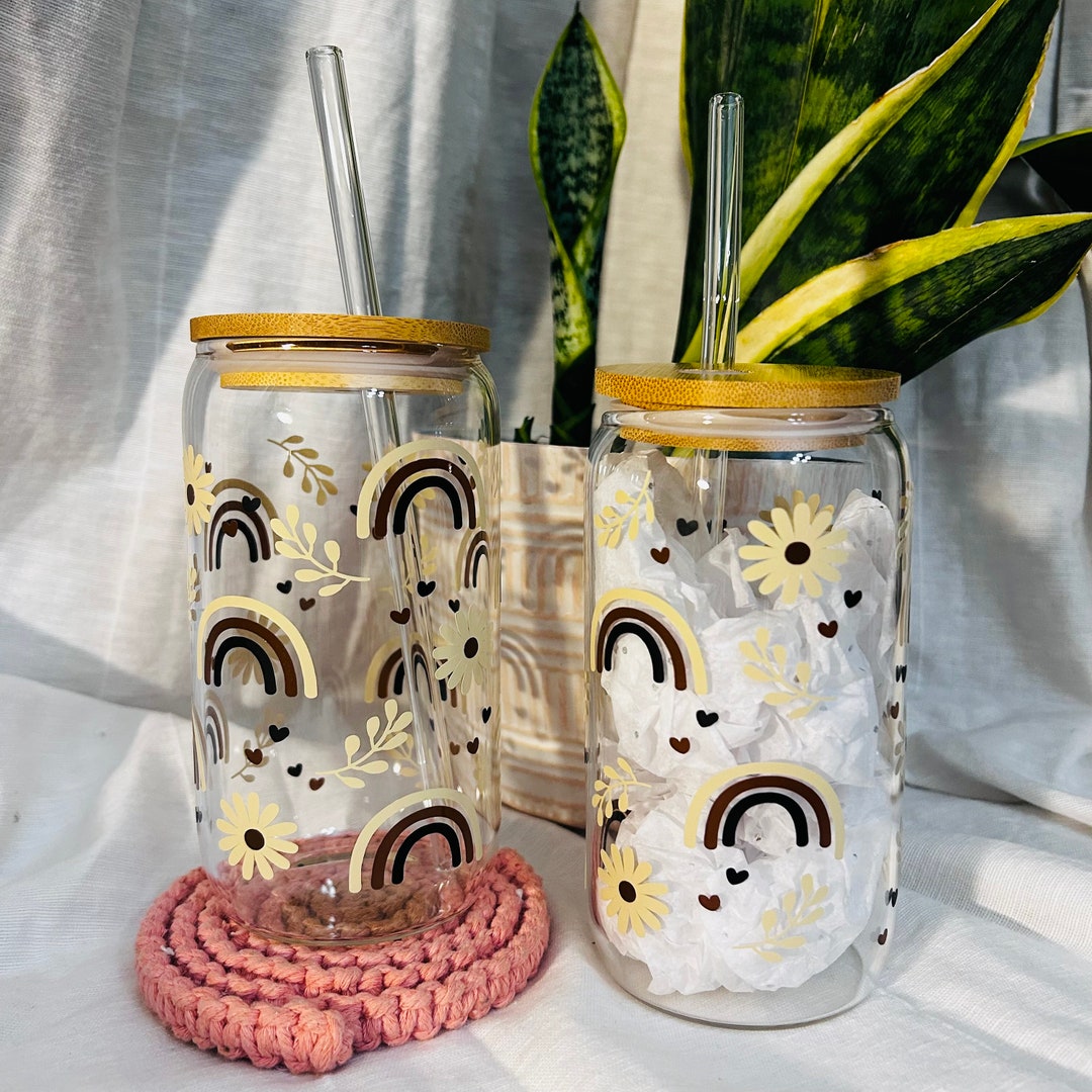 Reto Boho Rainbow Glass Cups, Iced Coffee Cup, 16oz Glass Soda Can Cup ...
