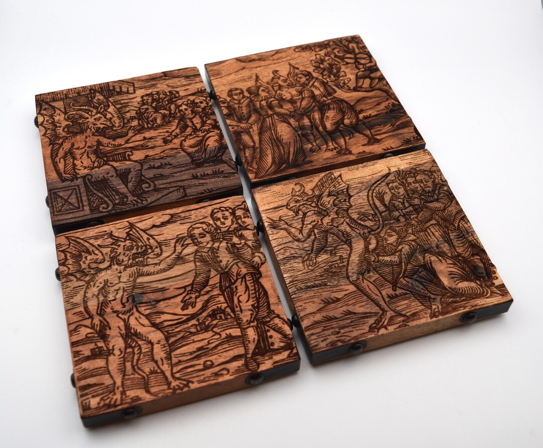 Devil Woodcut Set of 4 Laser Etched Acacia Wood Coasters, Gothic Gifts ...