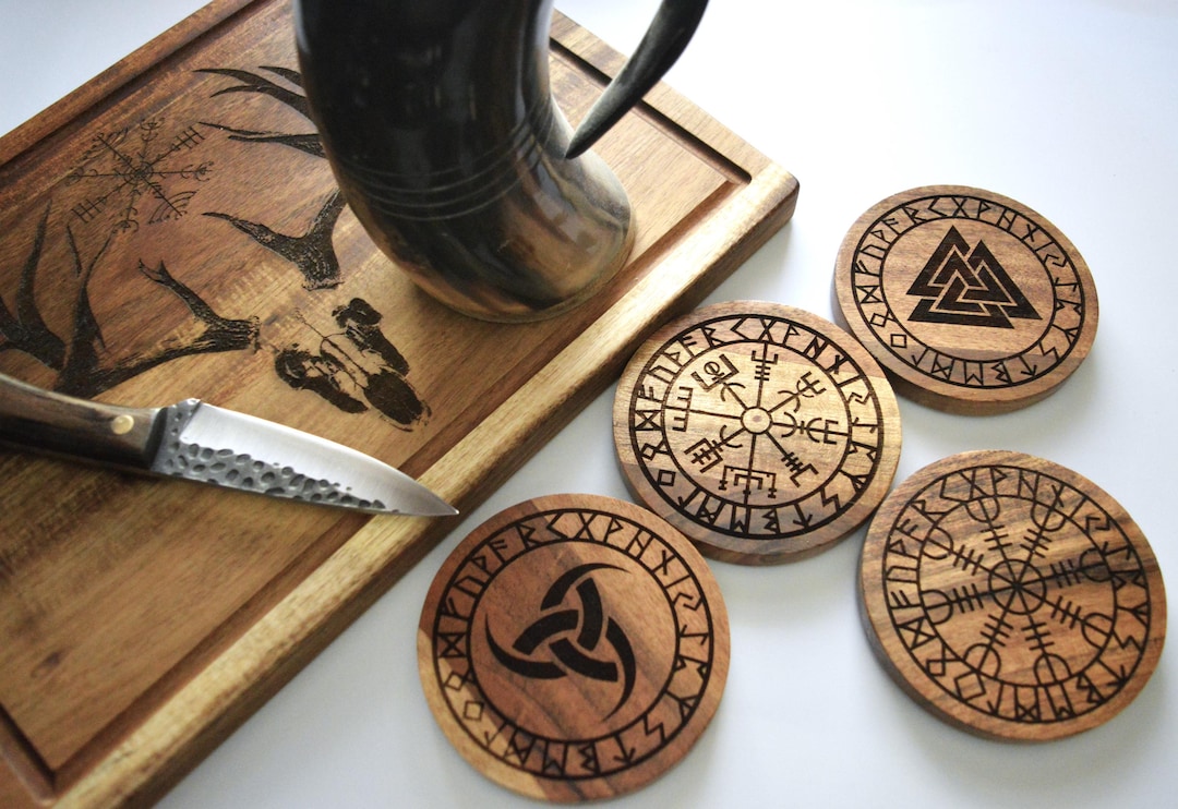 Norse Inspired Wood Chopping Board and Coaster Set, Laser Engraved ...
