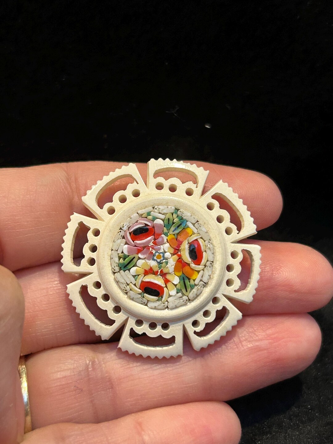 Vintage German Micro Mosaic Brooch: Floral Glass Tesserae, Celluloid ...