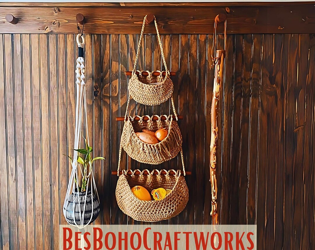 3 Tier Jute Wall Hanging Basket Veggie Hammock Wall Basket Kitchen ...