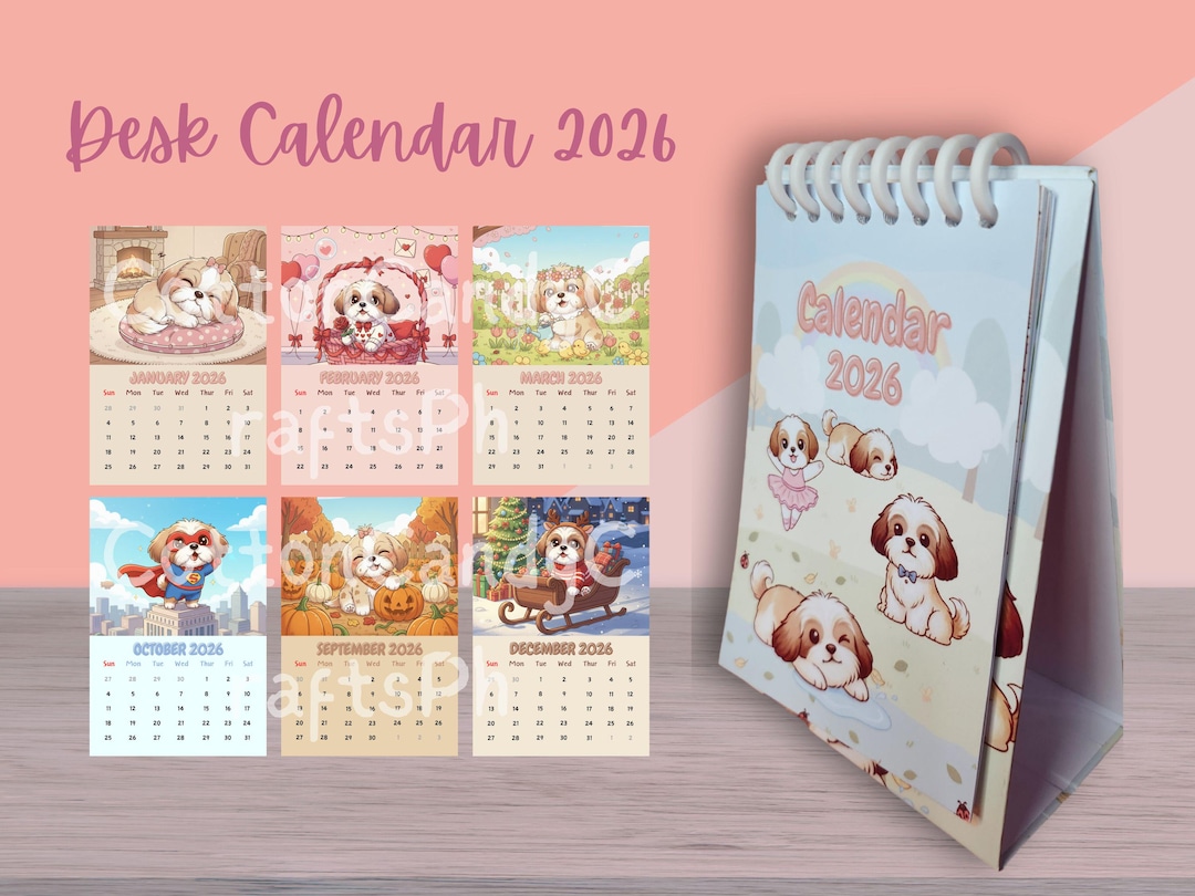 Printable DIY Dog Desk Calendar 2026 With Stand Template PDF, PNG, Shih ...