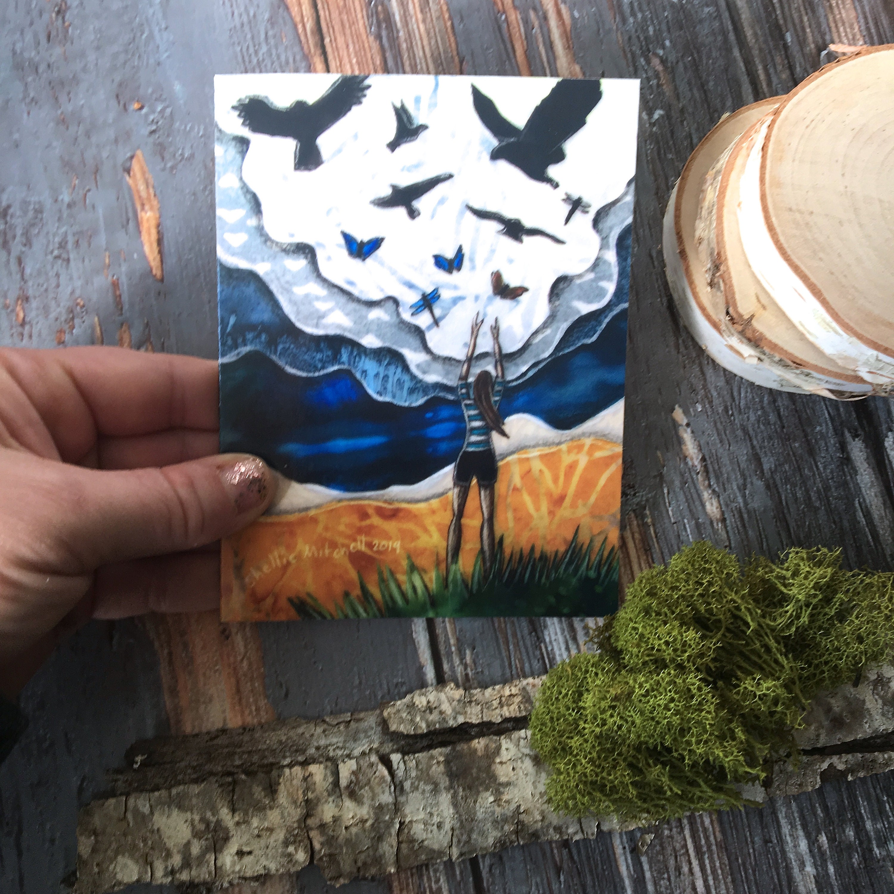 Raven Card Illustrated Card Released Greeting Card Flying - Etsy