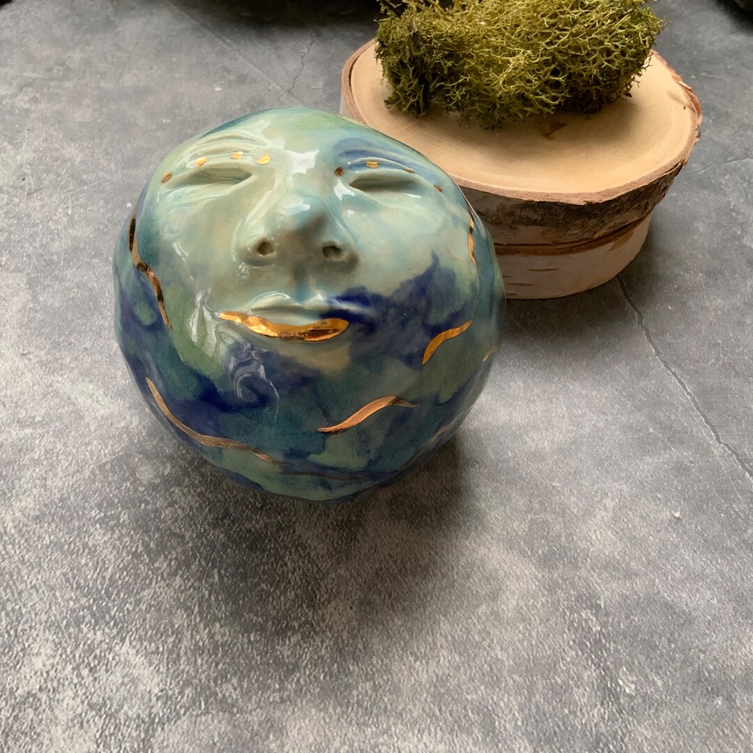 Ceramic Moon Face, Ceramic Wall Hanging, Boho Art, Gold Luster ...