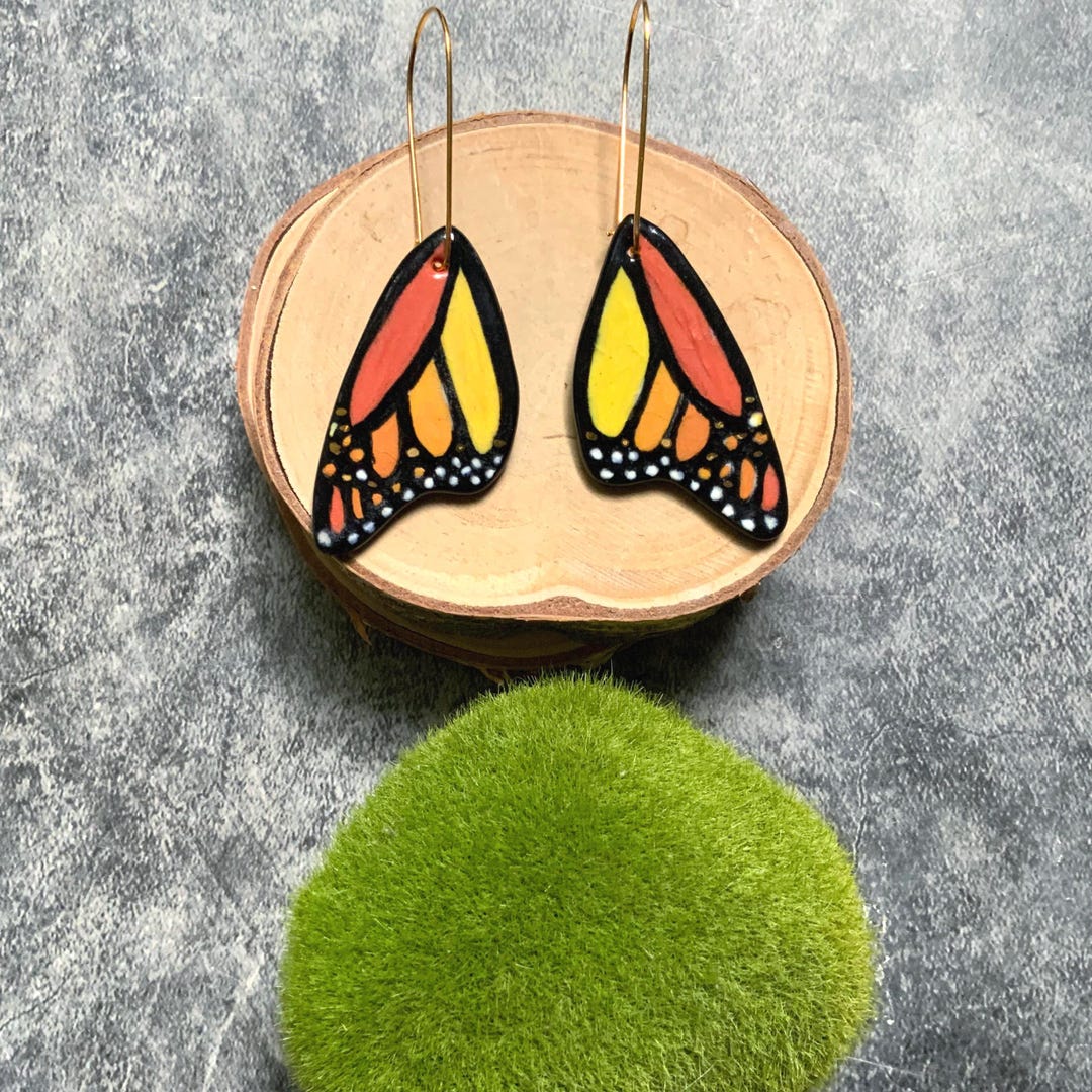 Monarch Butterfly Wing Earrings, Porcelain Ceramic Earring, Gold Plated ...