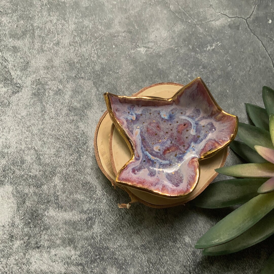 Purple and Gold Leaf Ceramic Dish, Small Trinket Dish, Gold Luster ...